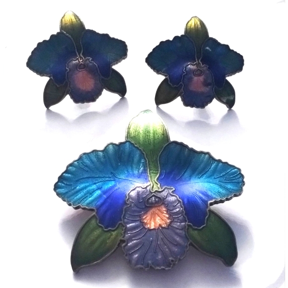 Jewelry | Vtg 198s Cloisonn Enamel Iris Flower Pin Brooch Pierced ...